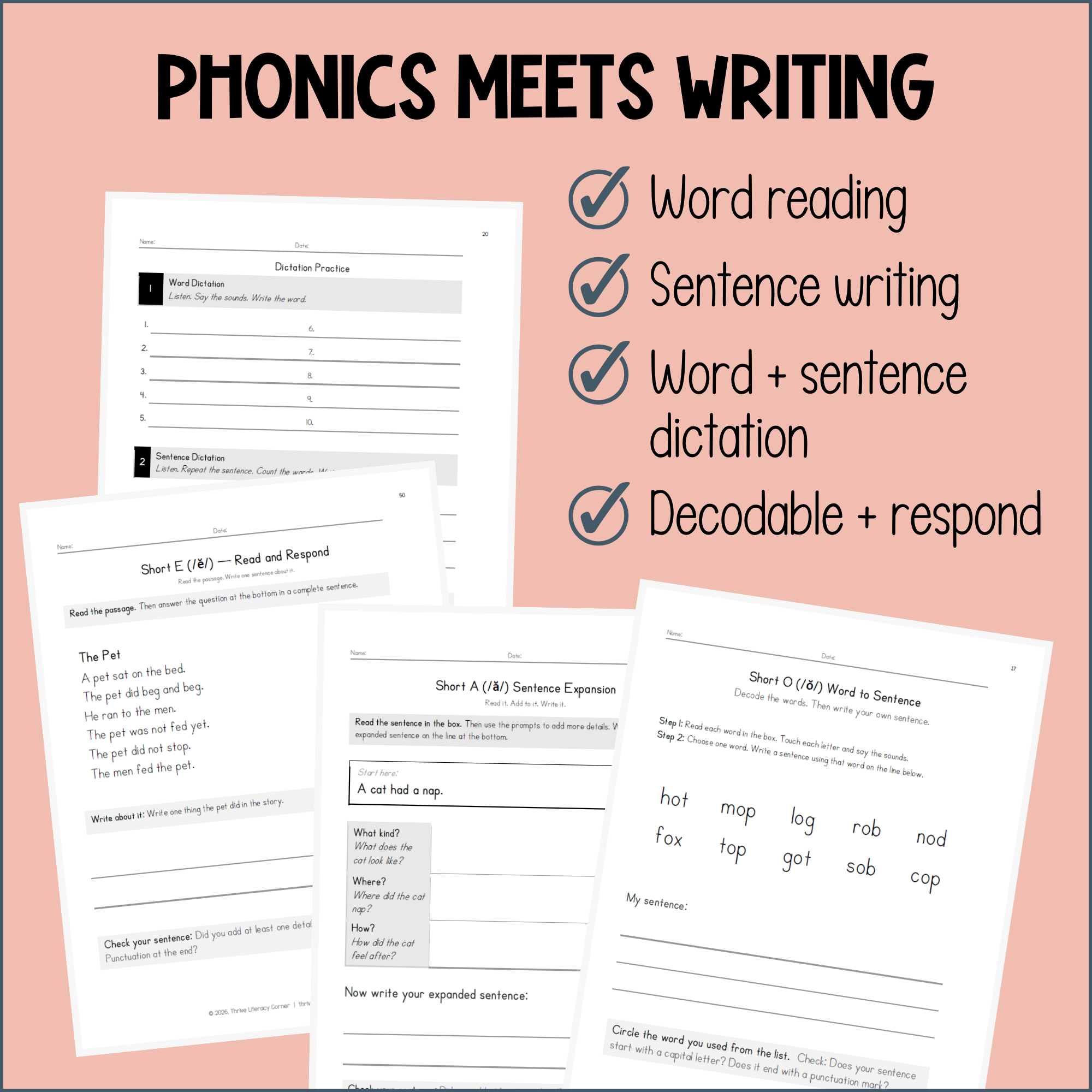 Short Vowel Sentences Word + Sentence Dictation Shared Writing Kinderg ...