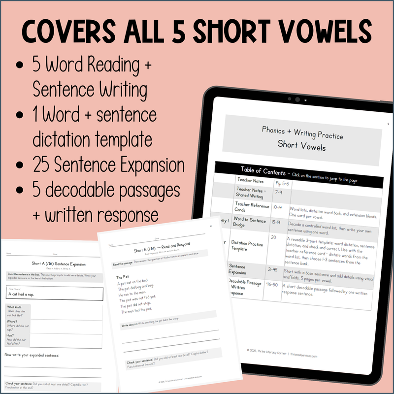 Short Vowel Sentences Word + Sentence Dictation Shared Writing Kinderg ...