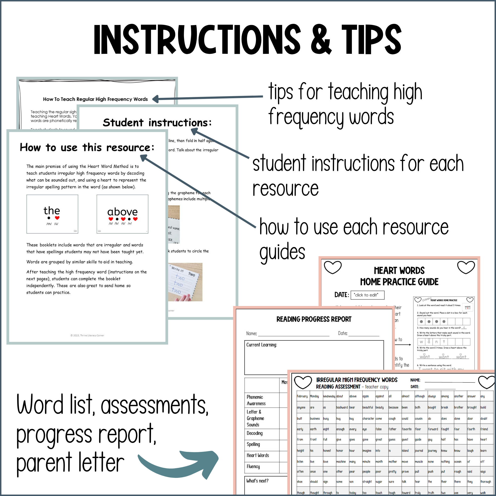 Heart Words Bundle: UFLI Heart Word Practice Sheets, Flash Cards, Slid ...