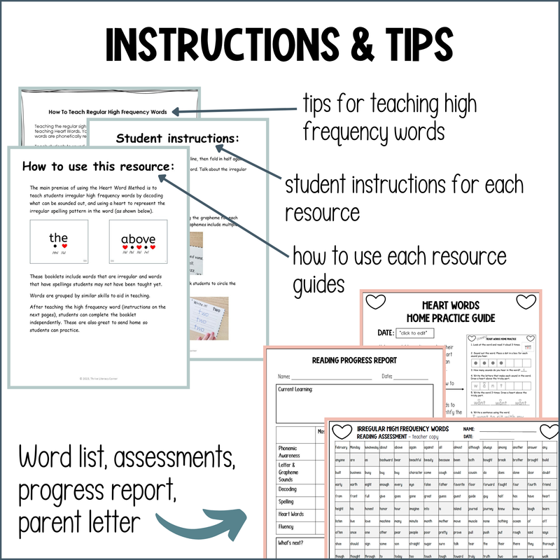 Heart Words Bundle: UFLI Heart Word Practice Sheets, Flash Cards, Slid ...