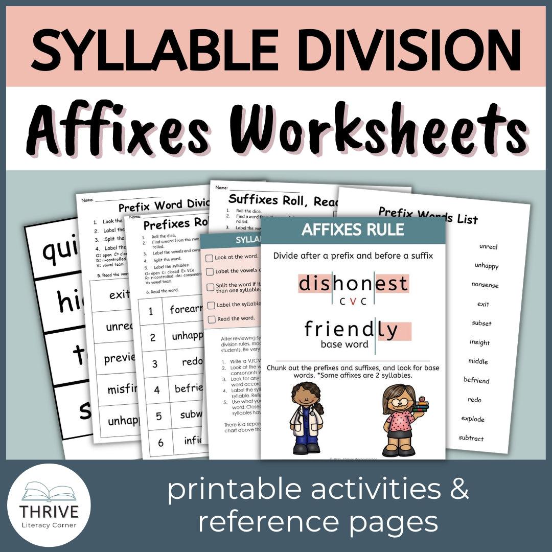 Affixes Syllable Division Worksheets – Thrive Literacy Corner Shop