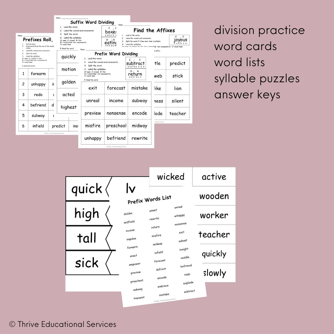 Affixes Syllable Division Worksheets – Thrive Literacy Corner Shop