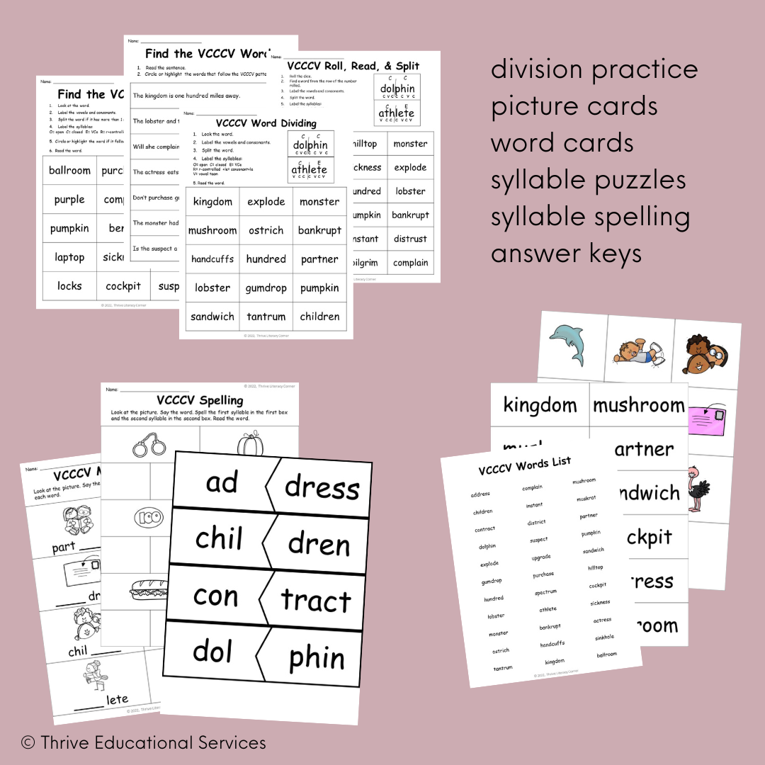 VCCCV Syllable Division Worksheets – Thrive Literacy Corner Shop