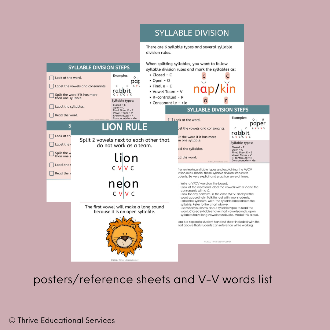 V-V Syllable Division Worksheets – Thrive Literacy Corner Shop