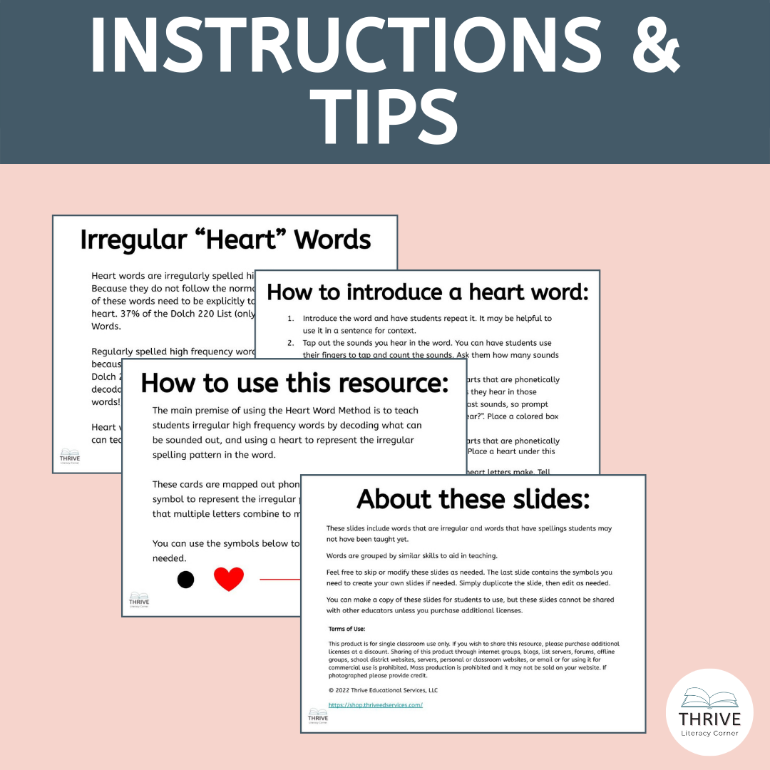 Irregular High Frequency Words "Heart Words" Cards – Thrive Literacy ...