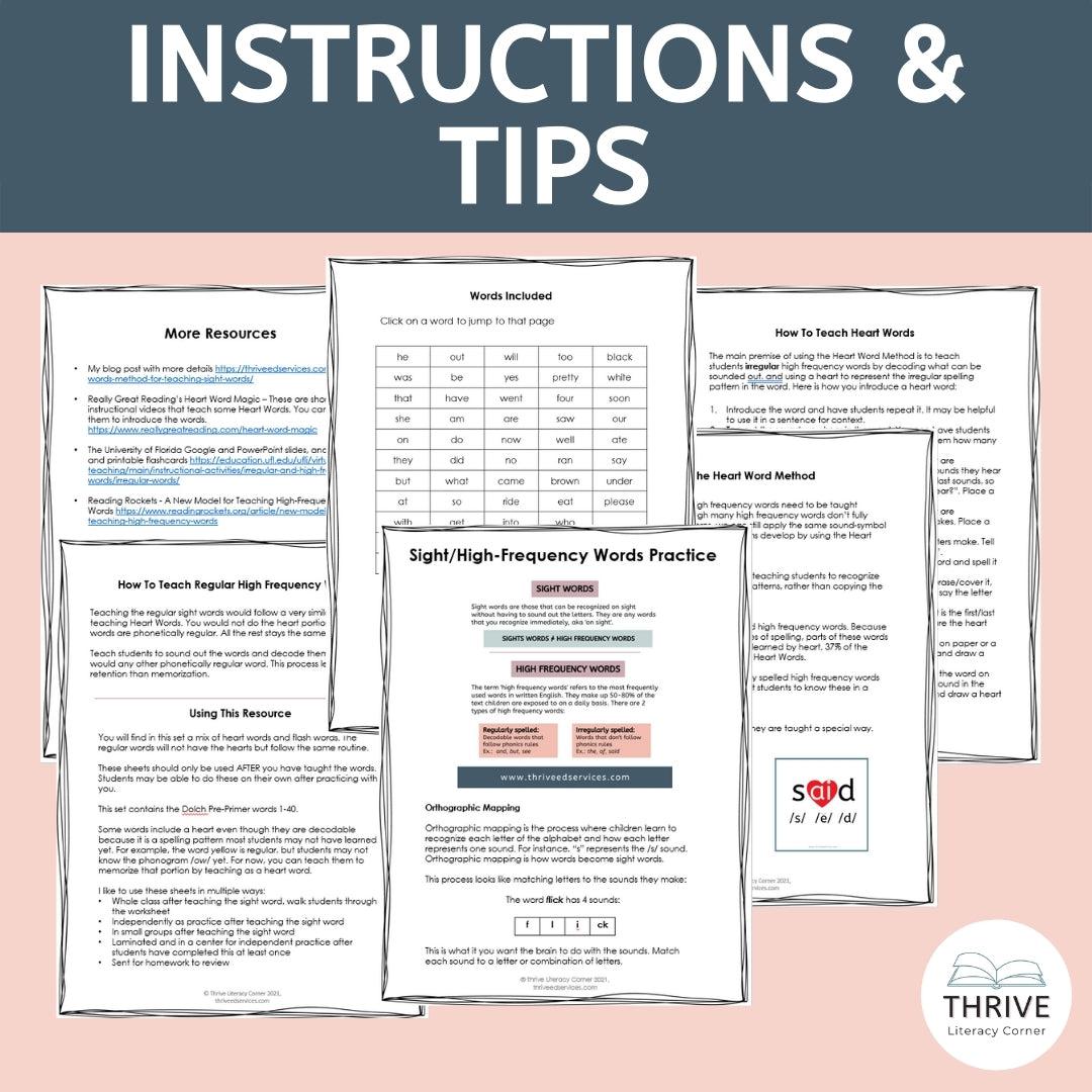 Heart Words - Dolch Primer Worksheets – Thrive Literacy Corner Shop