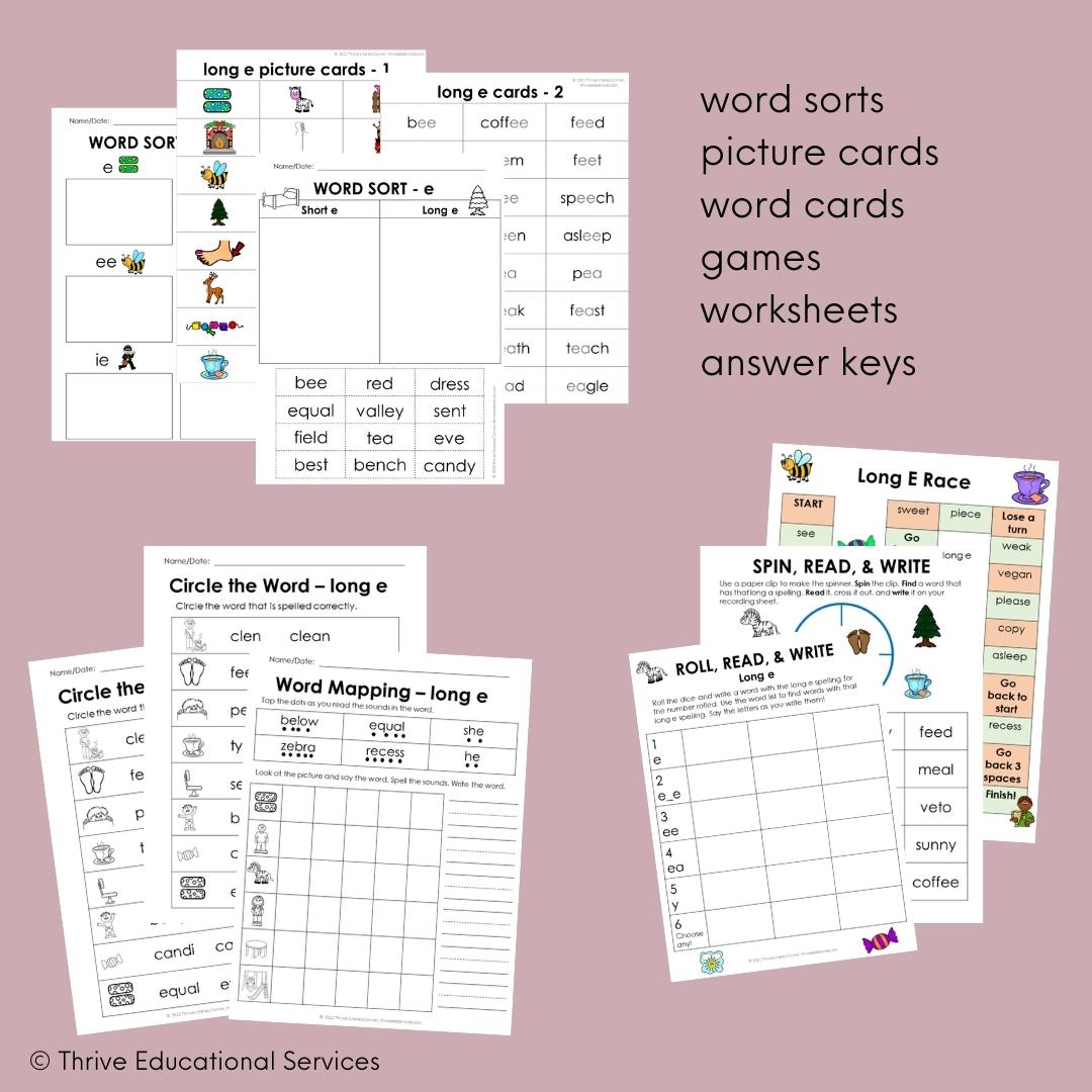 Long E Worksheets & Activities - Long E Words – Thrive Literacy Corner Shop